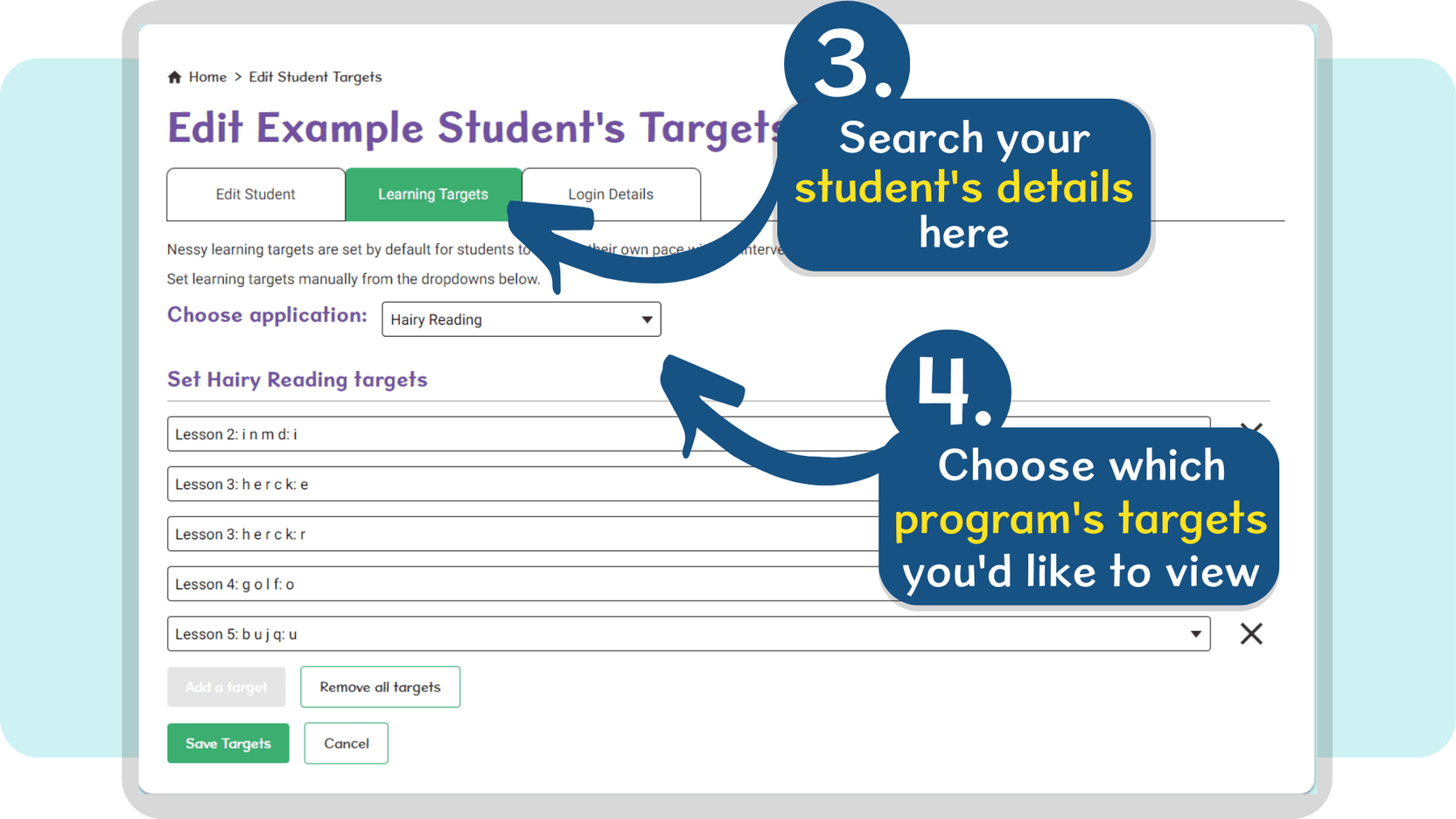 How do I view or change target lessons? | Nessy